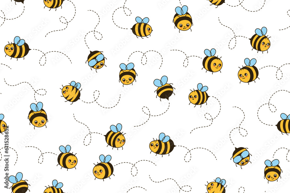 Bee honey cartoon seamless pattern. Kids honeybee insect characters ...