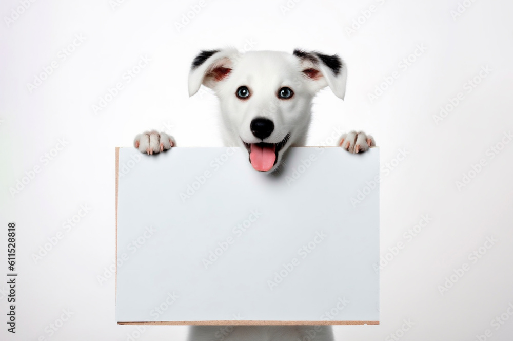 Isolated dog holding white background advertising frame with space for ...