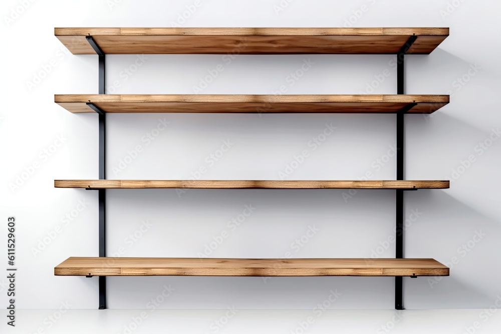 Metal-topped wooden shelves that are empty, seen from a perspective ...