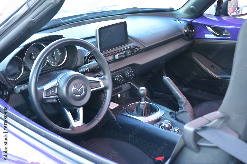 Mazda miata mx5 dashboard at East side collective car meet in San Juan ...