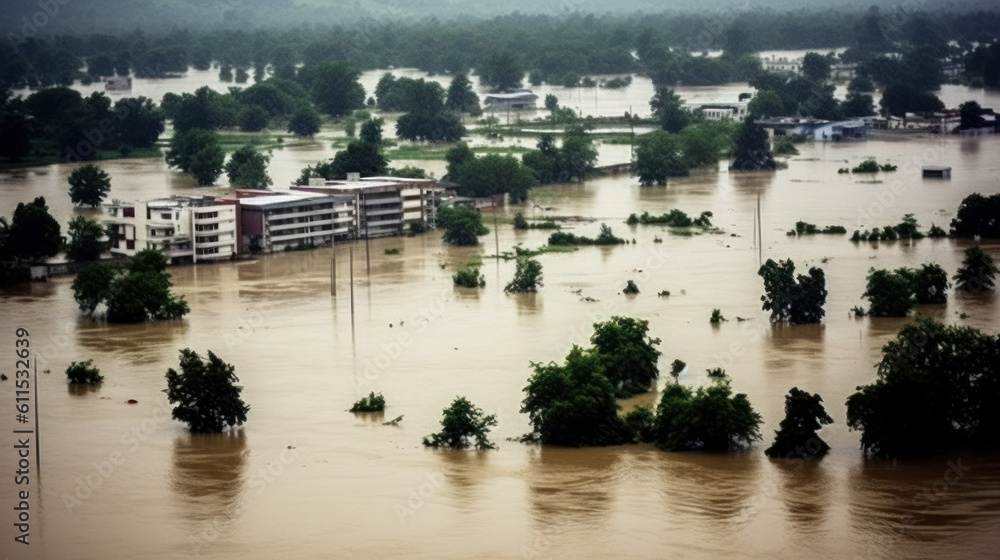 flood in the village. Flooding of houses and villages. view from above ...