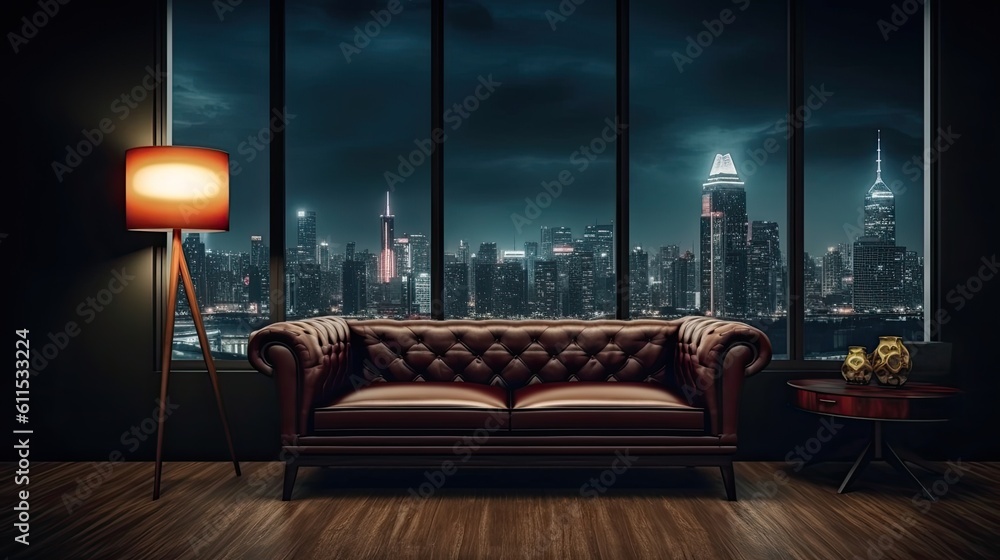 Dark lounge with sofa, dresser, coffee table, side view, and panoramic ...