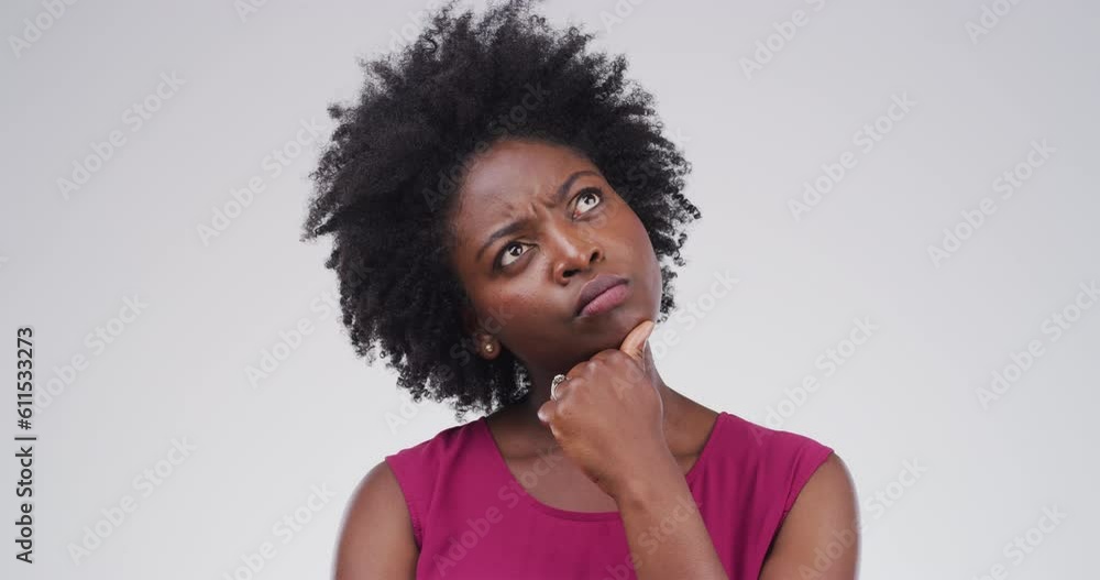 Ideas, thinking and black woman with decision, mockup and opportunity ...