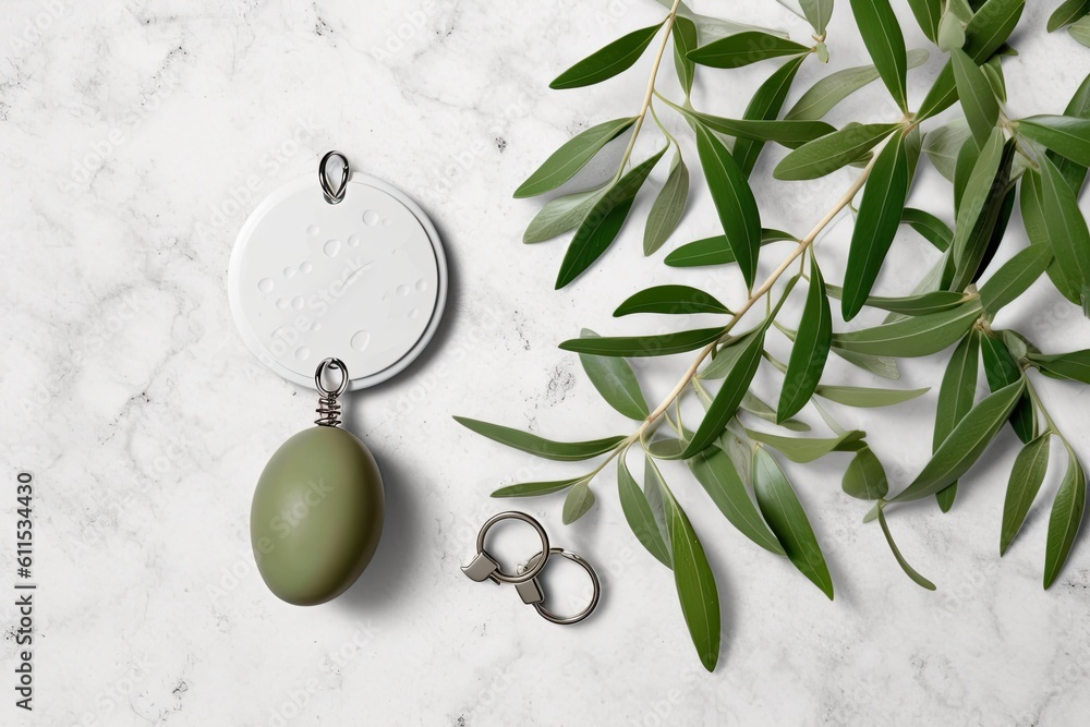 Mockup of a keychain with olive leaves to show the design. Blank white ...