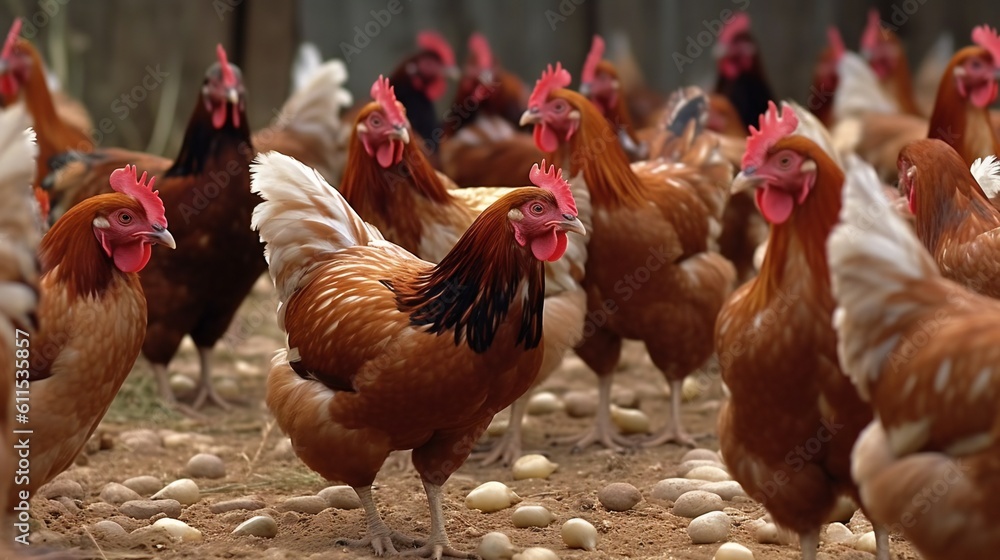 AI Generative. The rhythmic clucking of hens as they peck at the ground ...