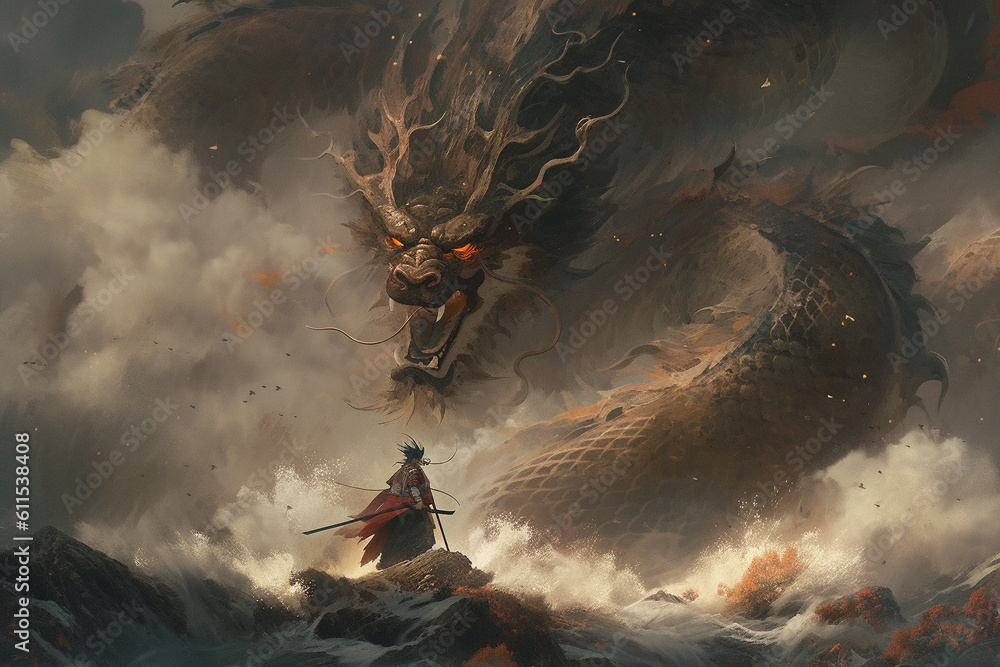A samurai fighting with a dragon. The samurai, a master of the blade ...