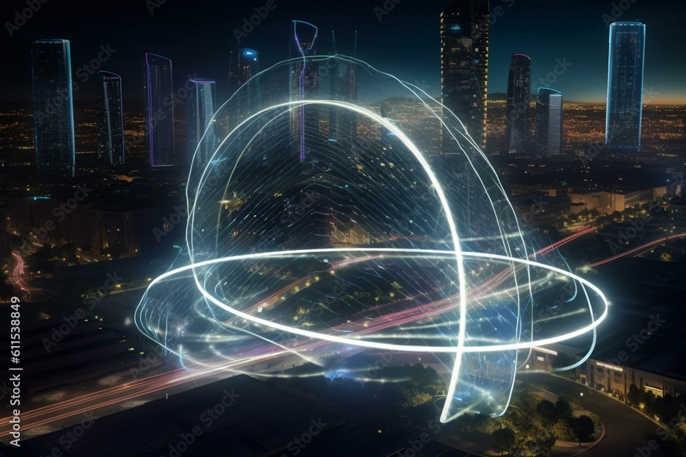 Smart city hologram arches form during network communication as 5G web ...