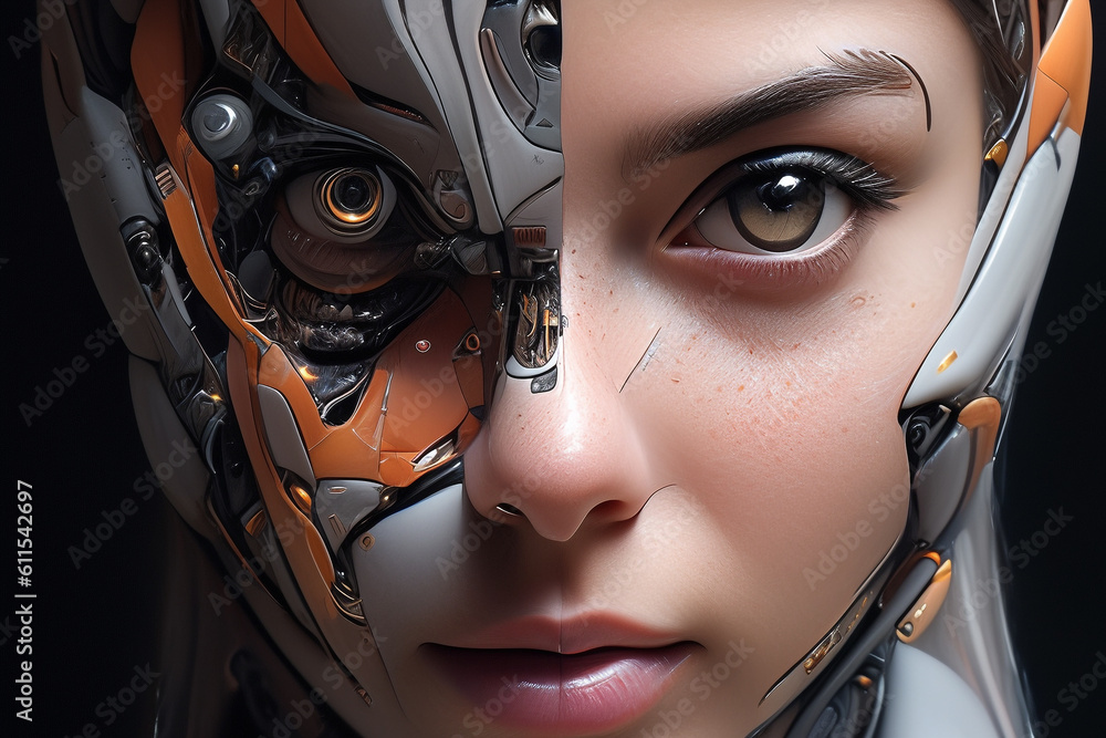 Close-up portrait of realistic cyborg woman with a half robotic face ...