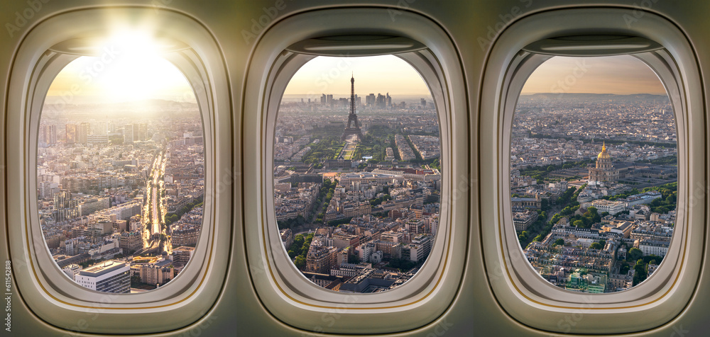 Eiffel tower view and Paris city from windows of airplane Stock Photo ...