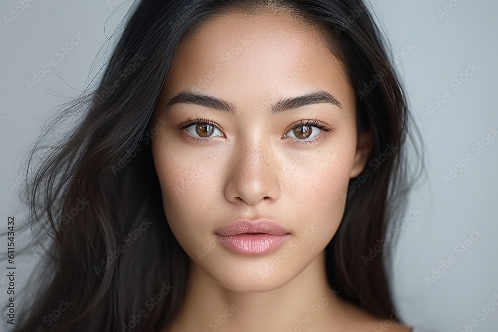 A Beautiful Asian Woman, Close up on her face with Smooth skin look at ...