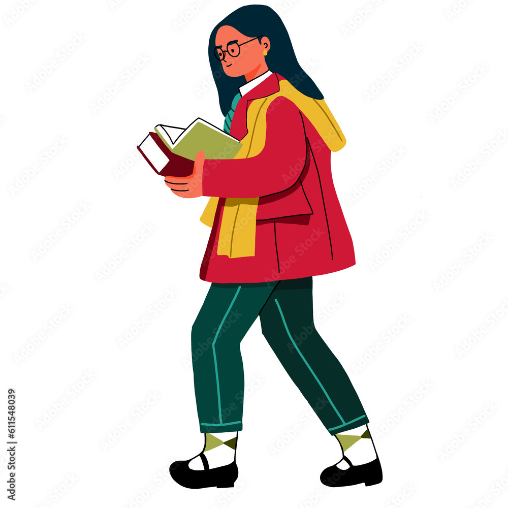 girl or woman walking while reading a book and wearing a scarf and ...