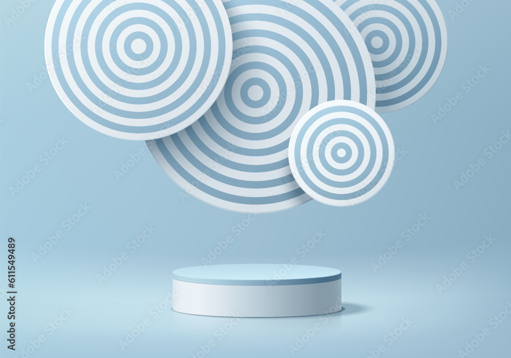 3D background realistic white and blue cylinder podium with floating ...