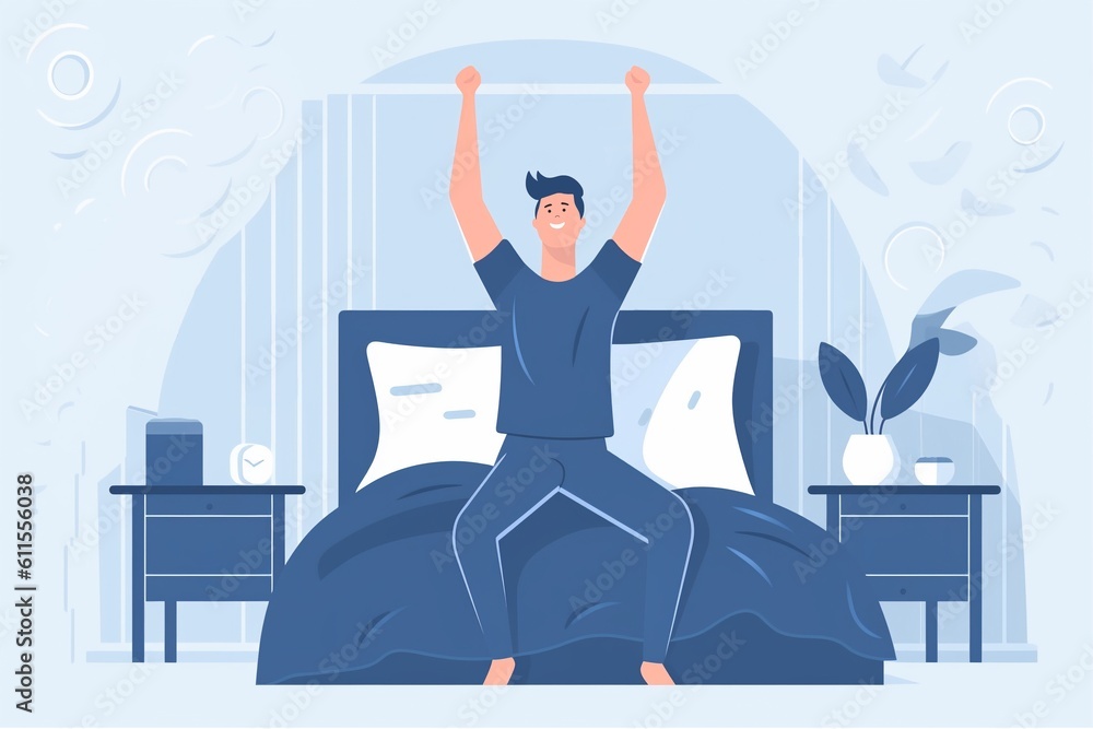 Generative AI.Mornings stretching in bed. Awakened happy man stretches ...