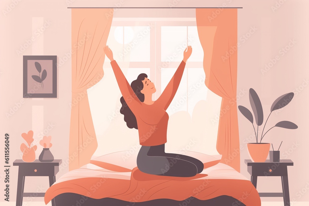 Generative Ai Wake Up Woman Morning Sunlight And Stretching Beautiful
