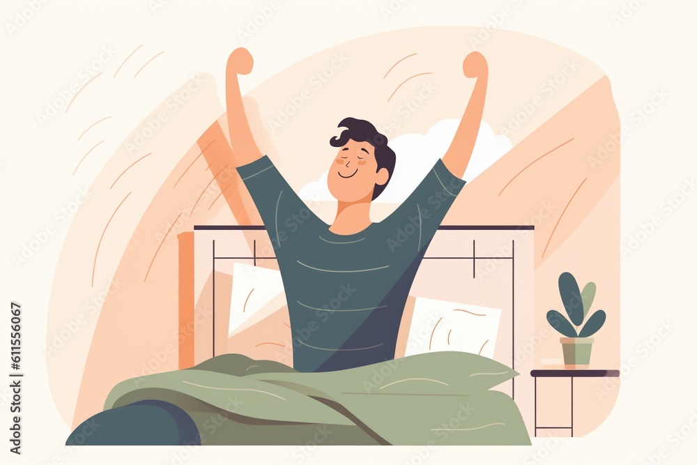 Generative AI.Happy man woke up and stretches in bed. Good morning ...