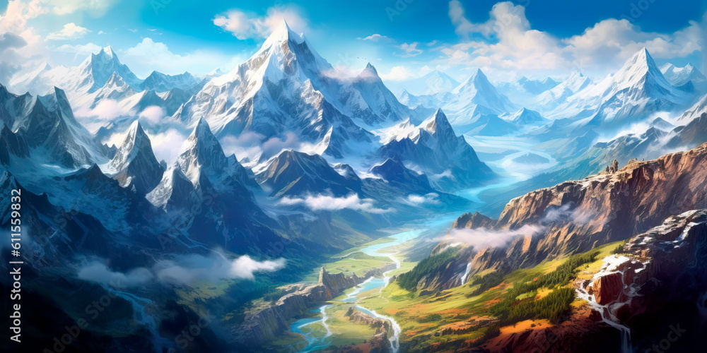 awe-inspiring aerial view of a vast mountain range, with snow-capped ...