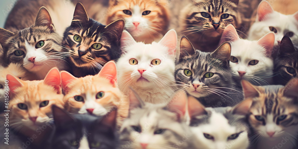 Group of cats from different breeds and backgrounds, gathered together ...