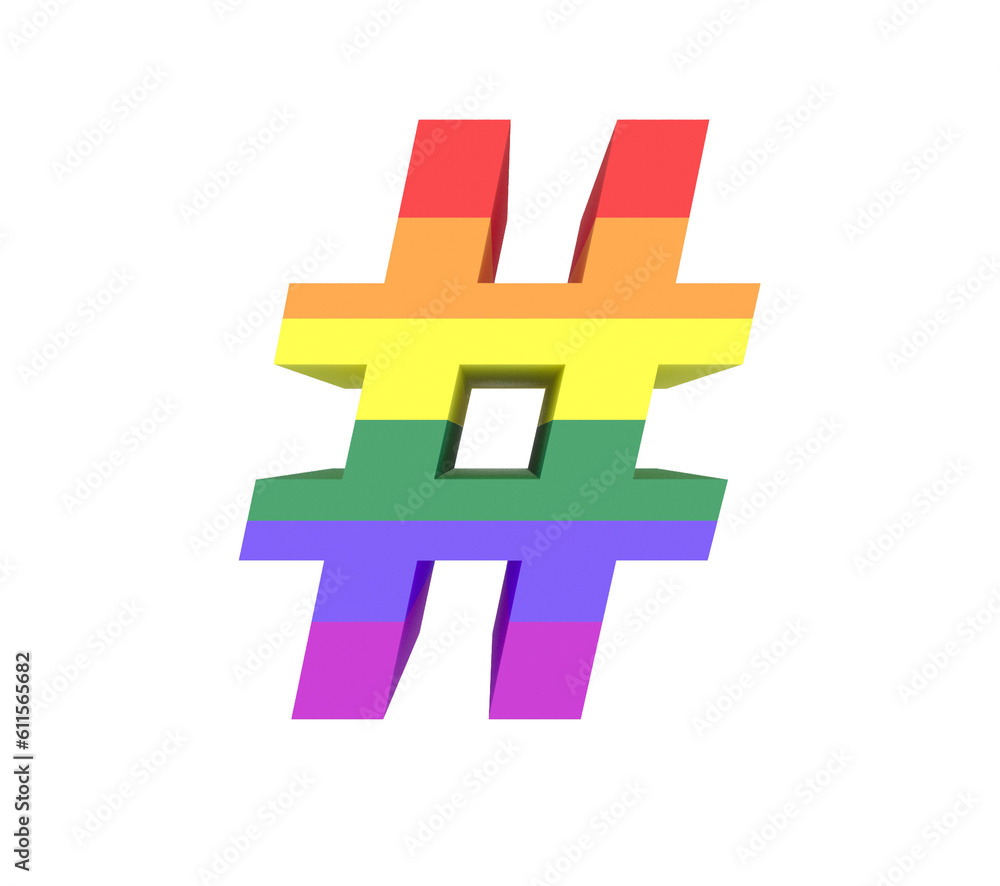 LGBT flag rainbow colored 3D symbol hashtag (#) on transparent ...