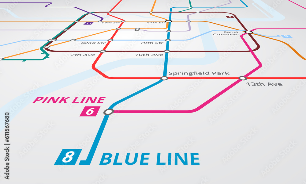 Underground, train railway and lines on map of metro for navigation ...