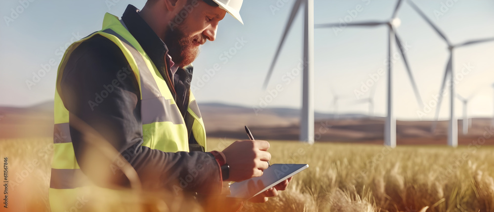Renewable Energy Concepts. Wind Power Energy Engineer Working in ...