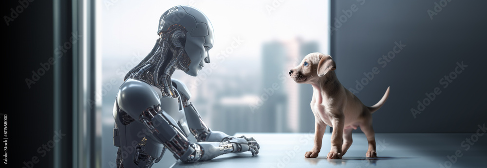 AI Technology Concepts. a Robot and a Puppy Dog Looking each other ...