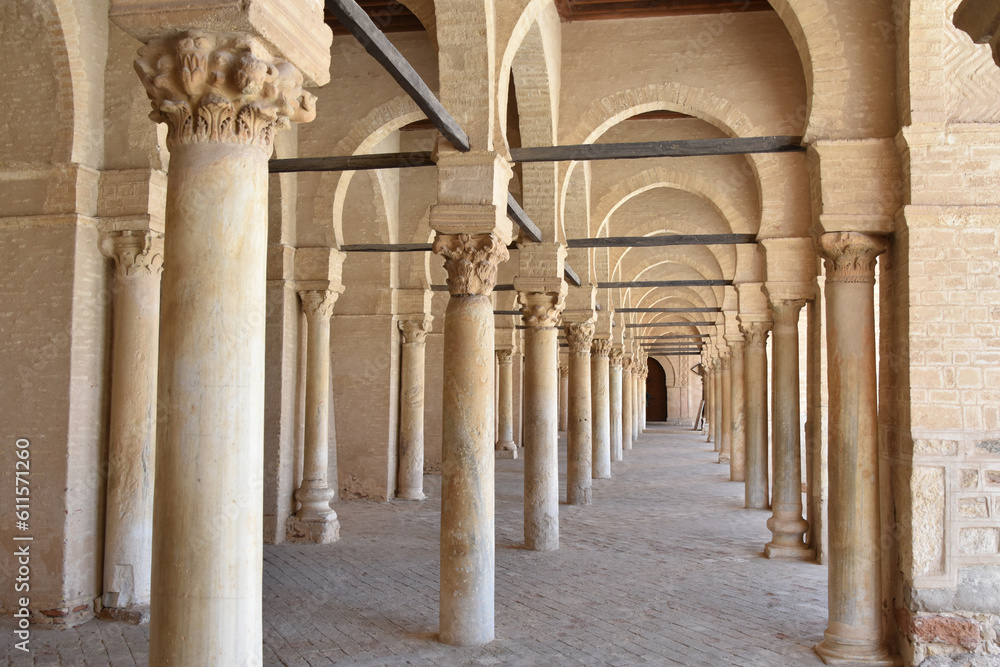 Colonnade in the Great Mosque of Kairouan (Mosque of Uqba), Tunisia ...
