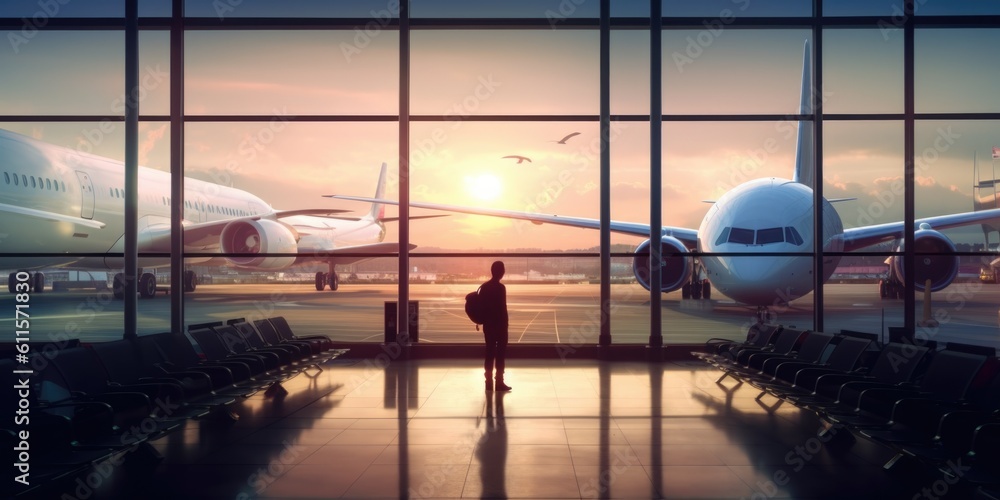 Airport interior with window sunset and airplane in background ...
