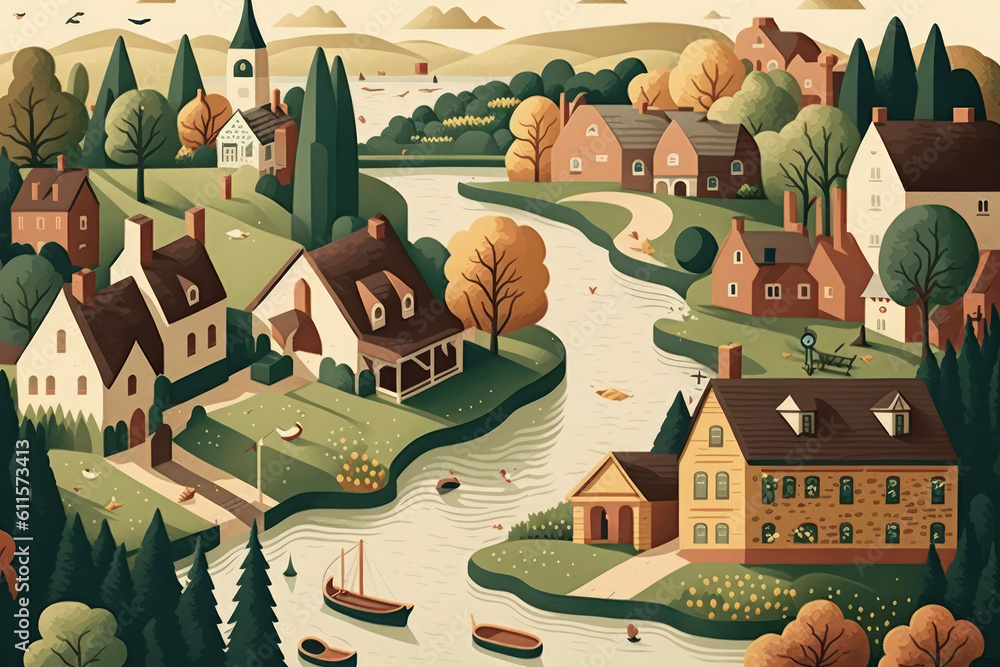 cartoon map of an urban town full of houses, generative AI Stock ...