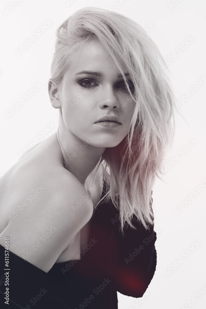 Fashion, cool and portrait of woman in studio for monochrome, black and ...