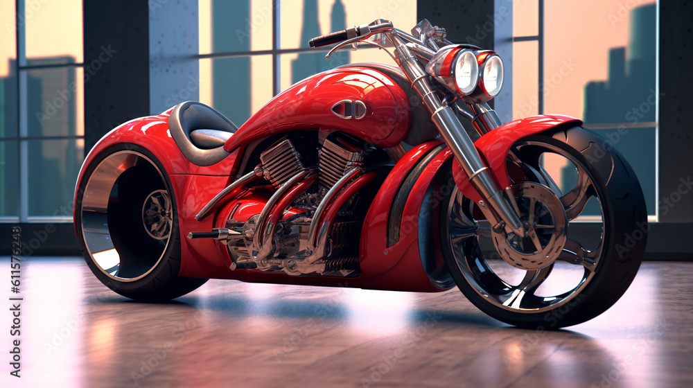 a red motorcycle parked in front of a window, hard surface 3d ...