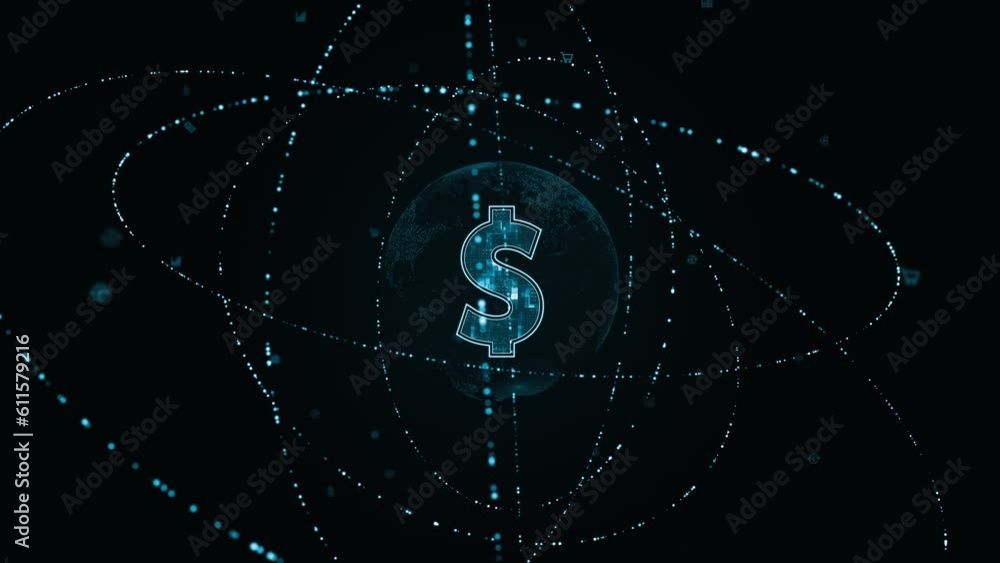 Motion graphic Blue digital money logo with particle ring circle ...