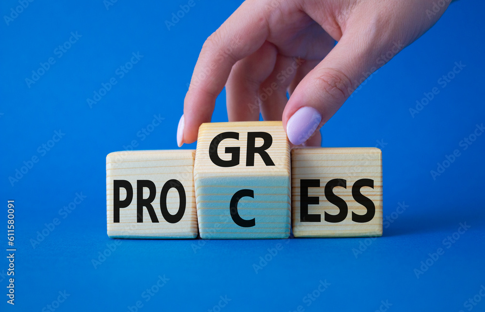 Process and Progress symbol. Businessman hand turns wooden cubes and ...