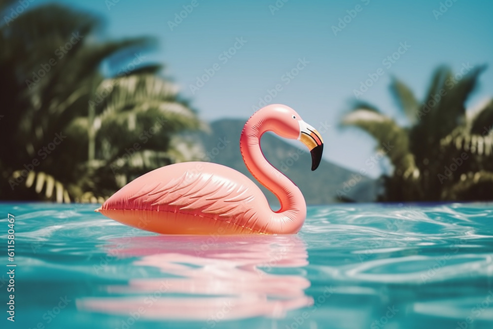 inflatable pink flamingo floating in the pool, summer Generative AI ...
