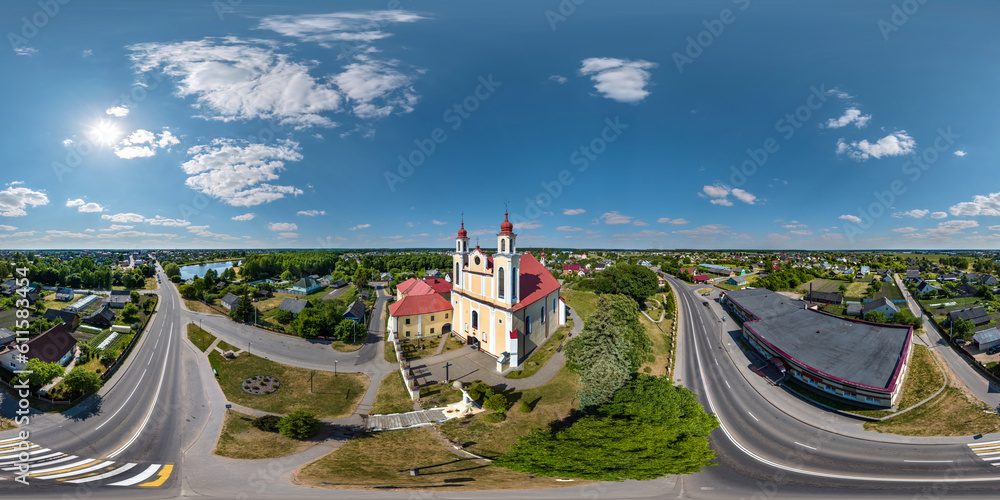 full hdri 360 panorama aerial view on red brick neo gothic or baroque ...