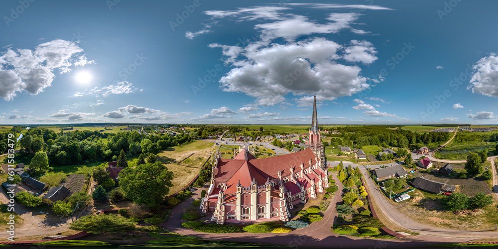 full hdri 360 panorama aerial view on red brick neo gothic or baroque ...