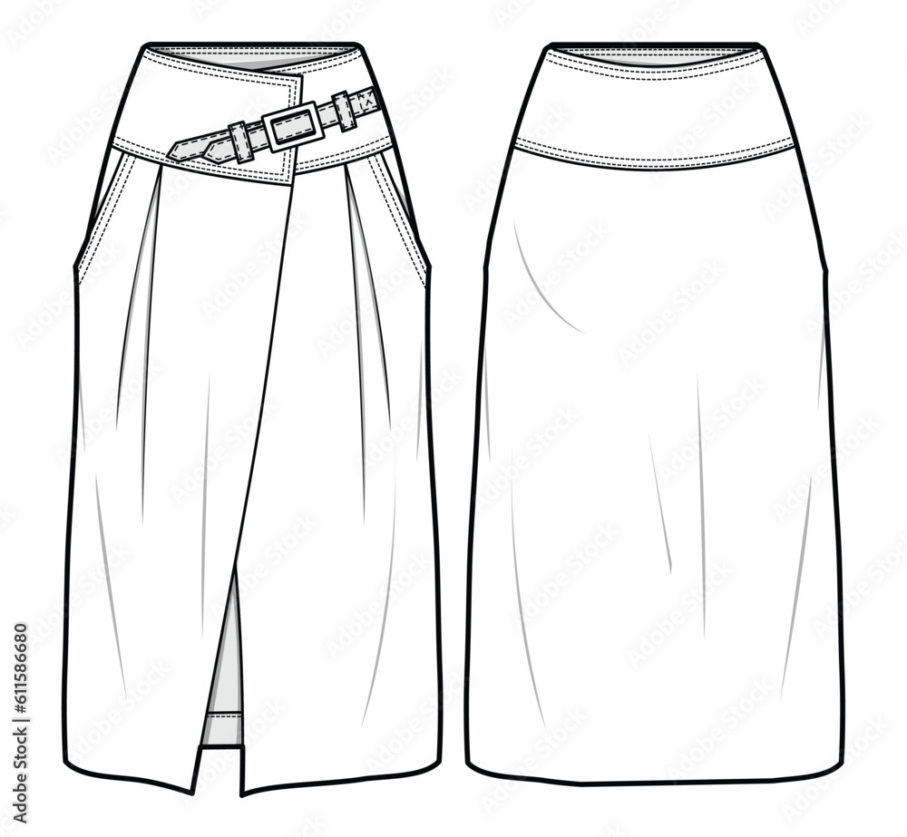 women wrap around pencil skirt with belt Front and Back View. Fashion ...