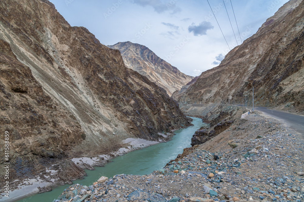 Zanskar mountain river valley Ladakh India with scenic landscape. Green ...