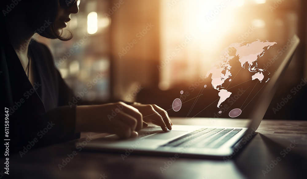 Man typing in laptop with location marker and map. Generative AI Stock ...