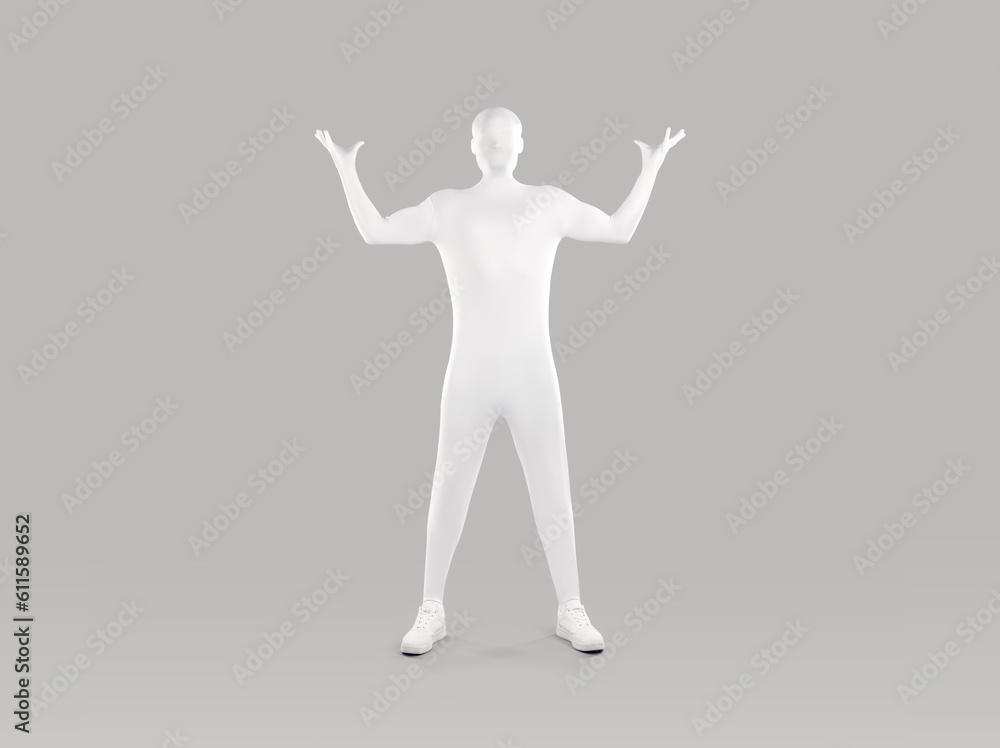 Faceless man in white body suit standing with raised hands. Full length ...