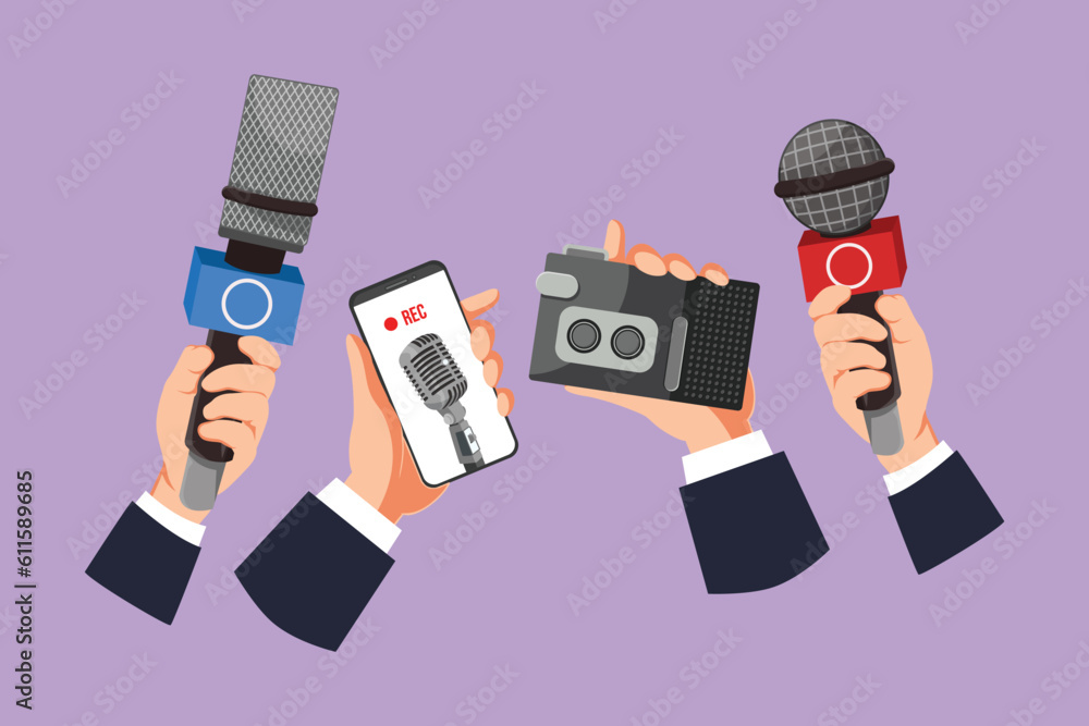 Graphic flat design drawing of hand with microphone icon, logo ...