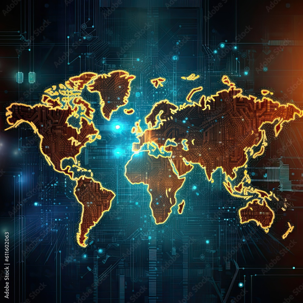 World map with dotted lights on tech dark blue background. Generative ...