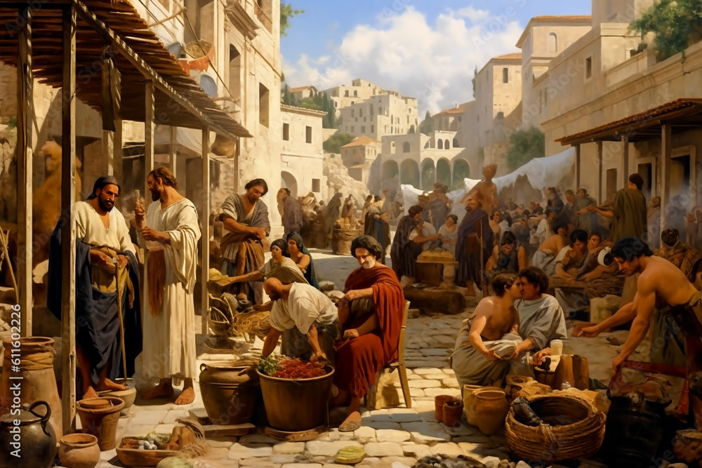 Ancient Greek Marketplace. Generative AI. A digital illustration of an ...