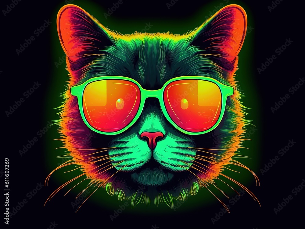 Stylish cat in trendy glasses in futuristic style and neon colors ...