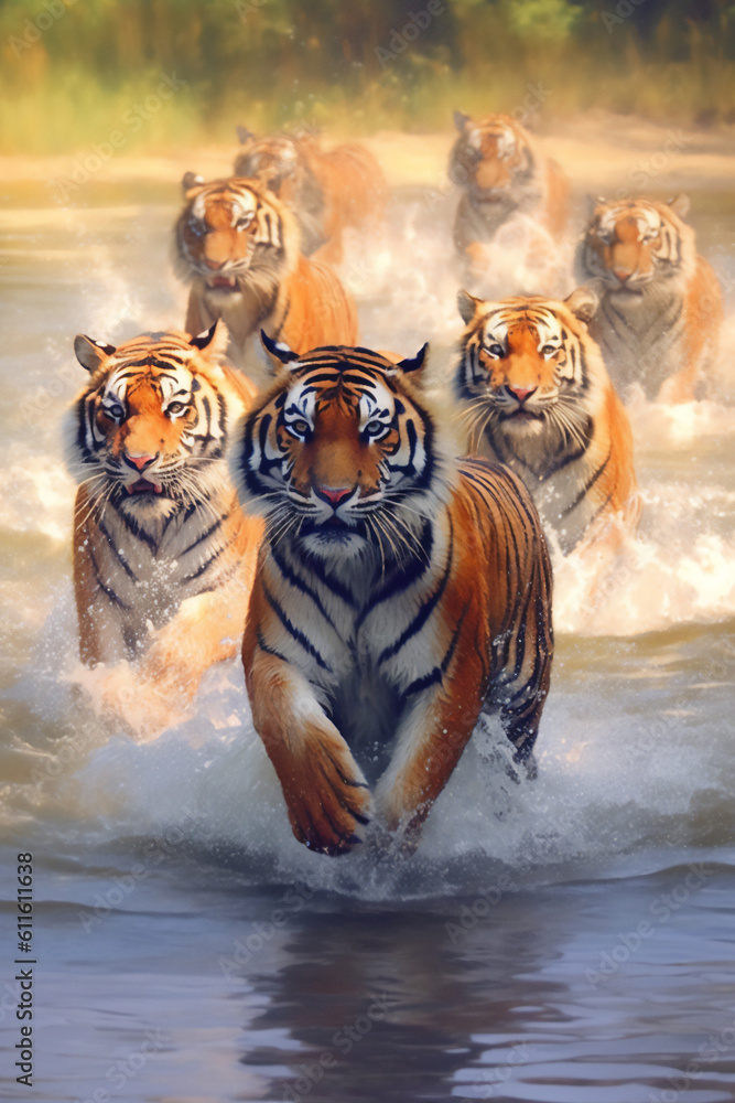 Watercolour abstract animal painting of an ambush pride of tigers ...