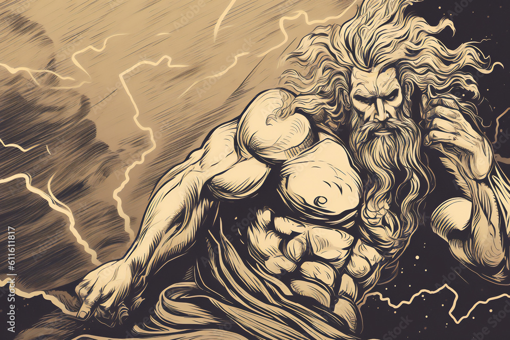 Engraved portrait of Zeus king of the gods on Mount Olympus in Greek ...