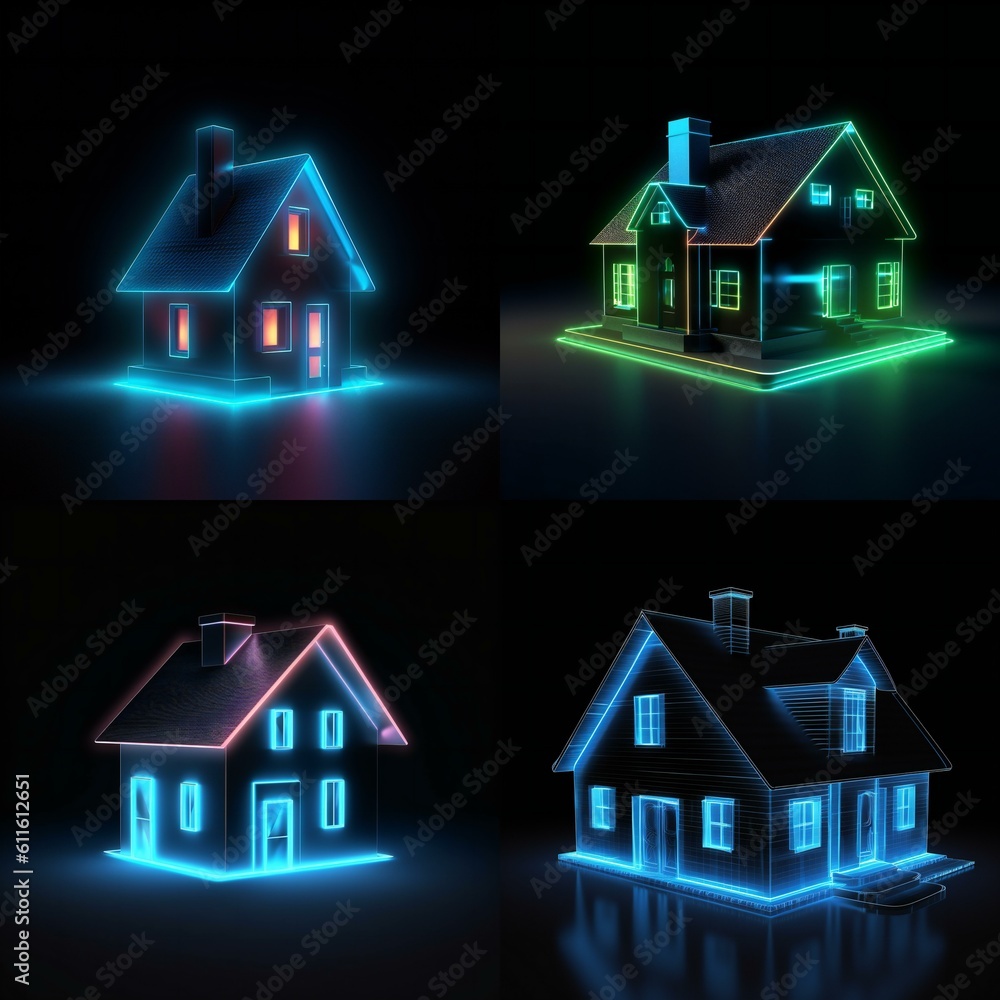 Various sets of neon 3d houses on isolated black backgrounds. Created ...