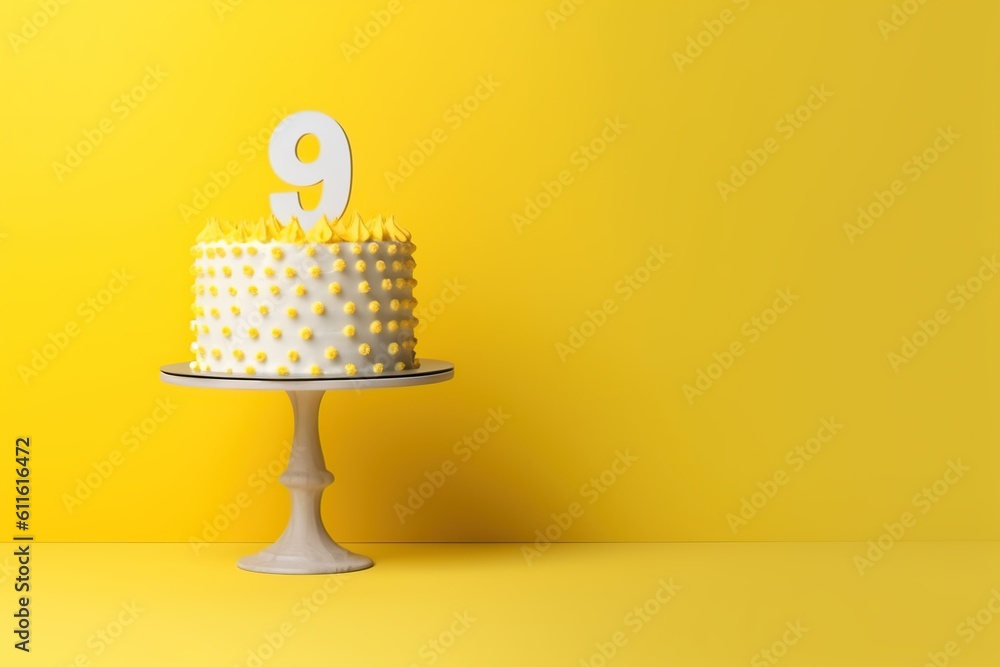 Birthday cake on a 9 years decorated with topper number nine on a ...