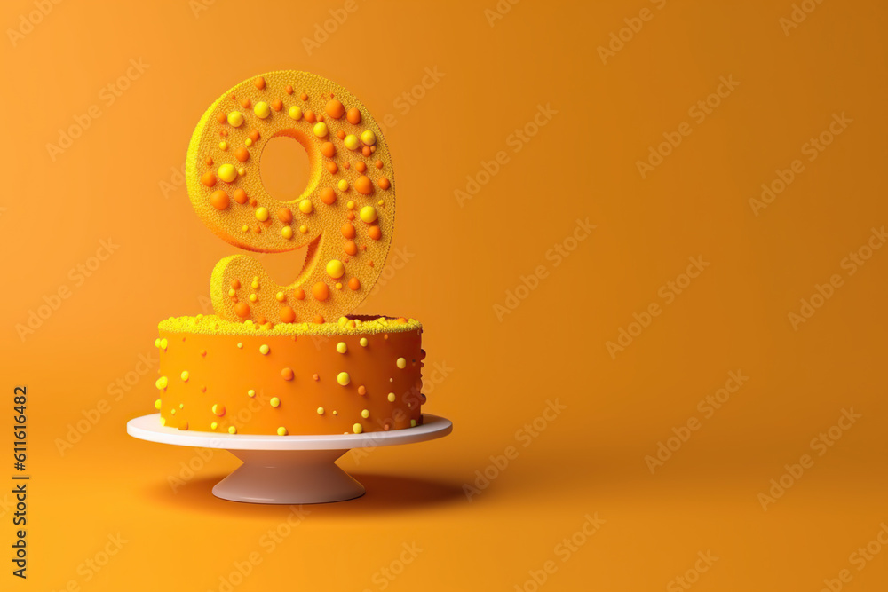 Birthday cake on a 9 years decorated with topper number nine on a ...