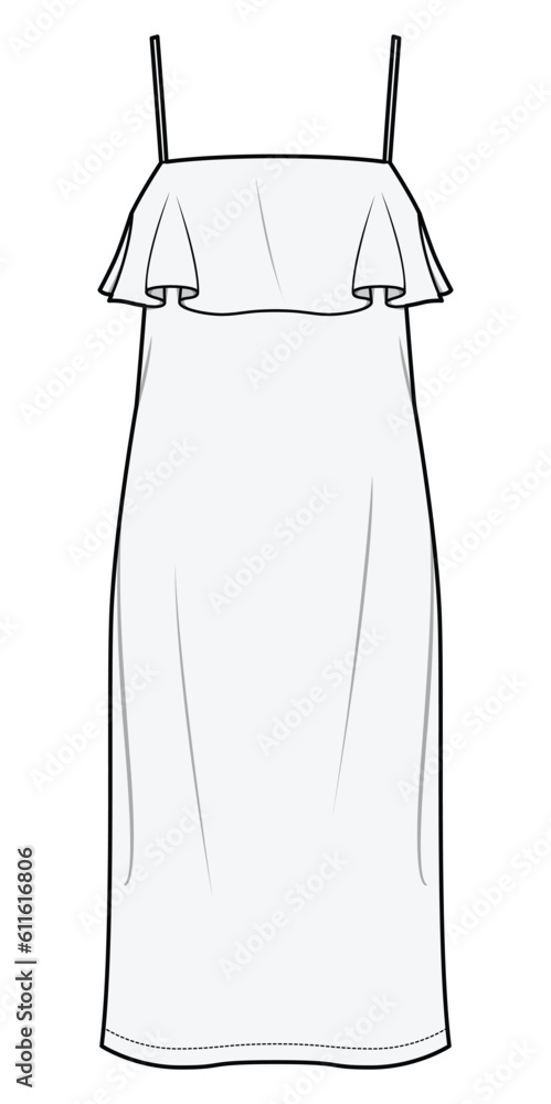 Vetor de Ruffle Slip Dress, Frill Strap Midi Dress Fashion Illustration ...