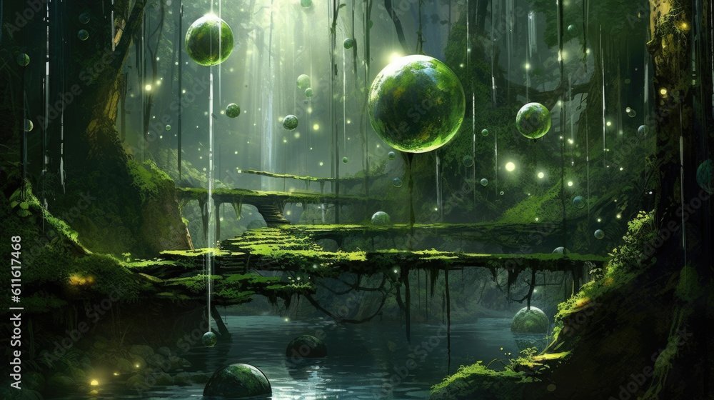 Crystalline orbs of luminescence hover over a lush and verdant forest ...